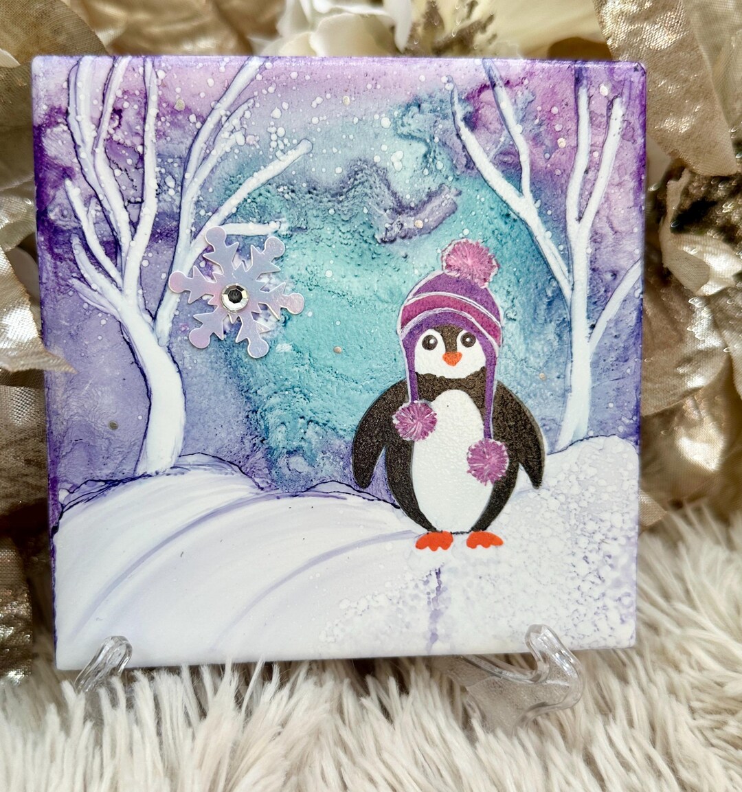 Holiday Penguin 2 Hand-painted Penguin Winter Scene Ceramic Tile 4x4 ...