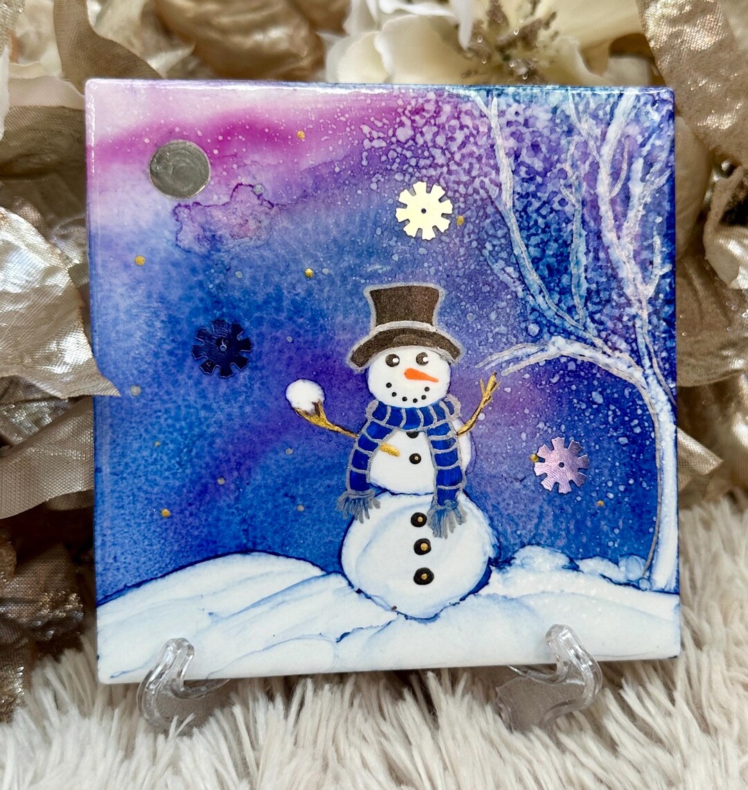 Holiday Snowman 3 Hand-painted Winter Scene Ceramic Tile 4x4 Christmas ...