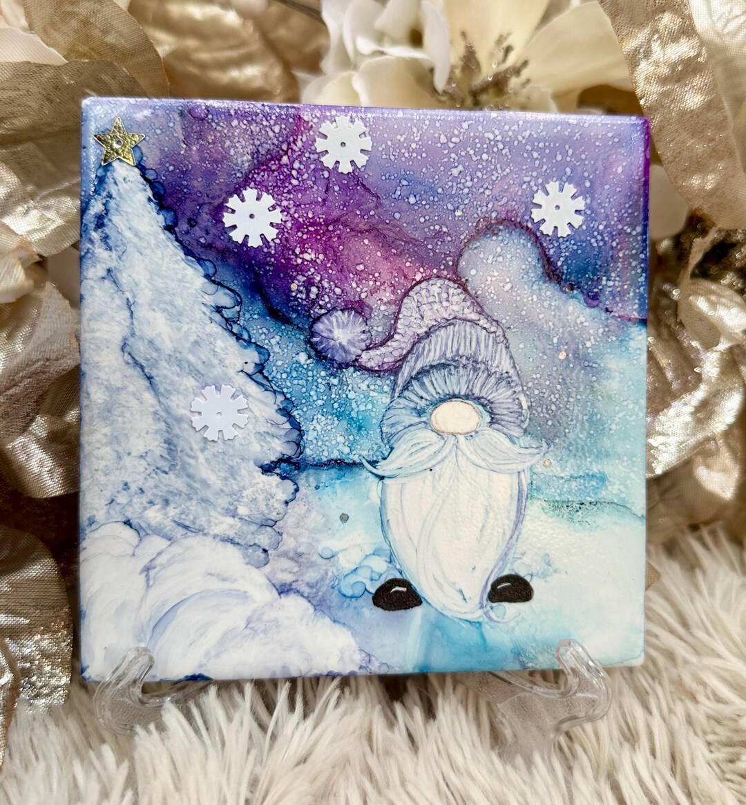 Hand-painted Gnome Winter Scene Ceramic Tile 4x4 Christmas Decor, Snowy ...