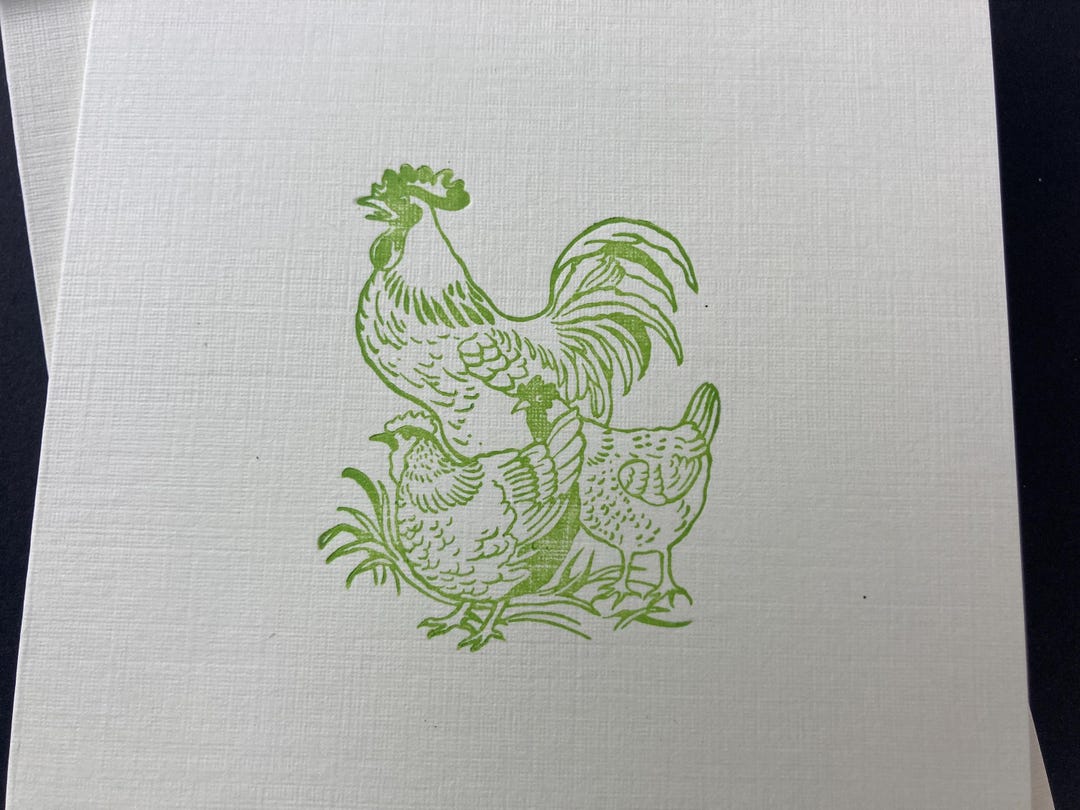 Vintage Woodblock Chicken Note Cards, Hand Printed Cards on Linen Paper ...