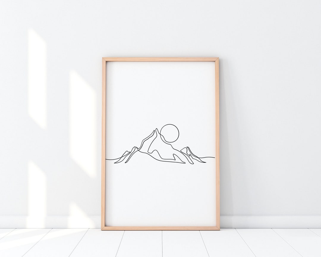 Minimalist Mountain Print, Mountain Line Art, Mountain Sun Print ...