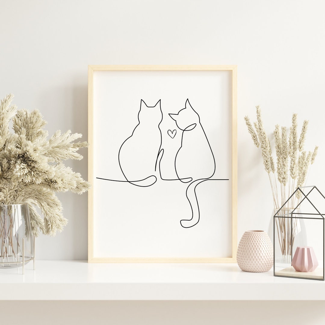 Cat Line Art, Cats Print, Cat Lovers Gift, Cat Wall Art, 2 Cats Print ...