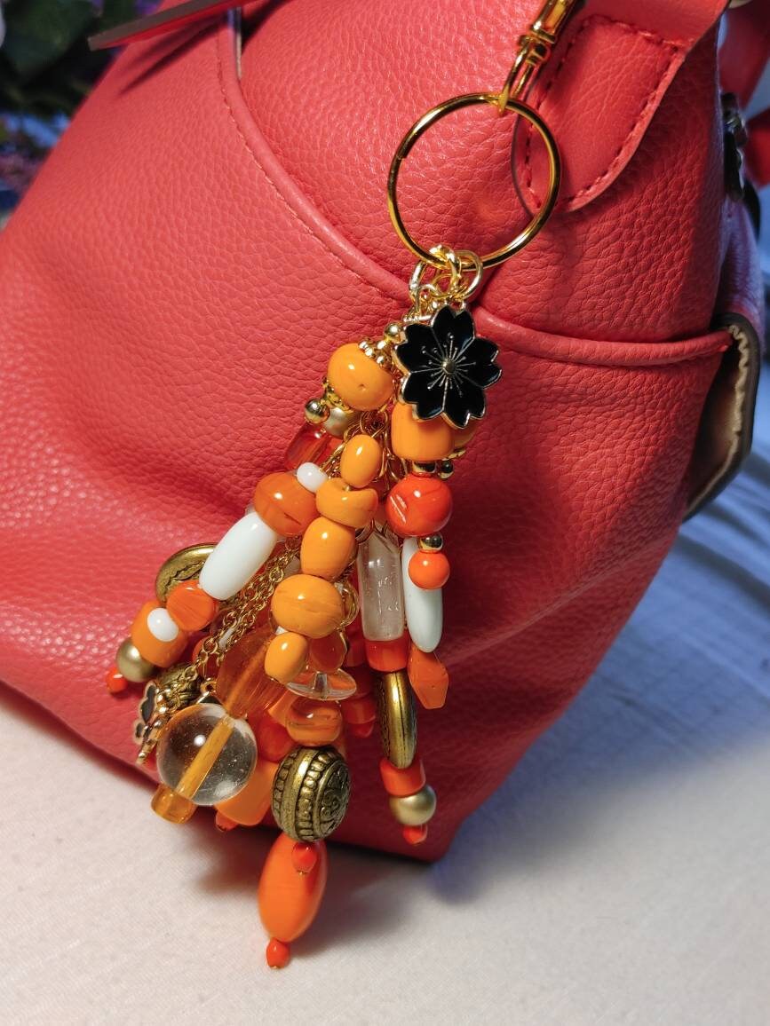 Orange Beaded Purse Dangle, Purse Charm, Bag Charm, Accessory, Zipper ...