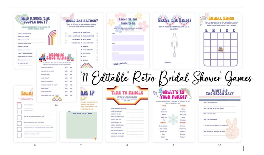 11 Printable Retro Hippie 70s Colorful Shower Bachelorette Games ...