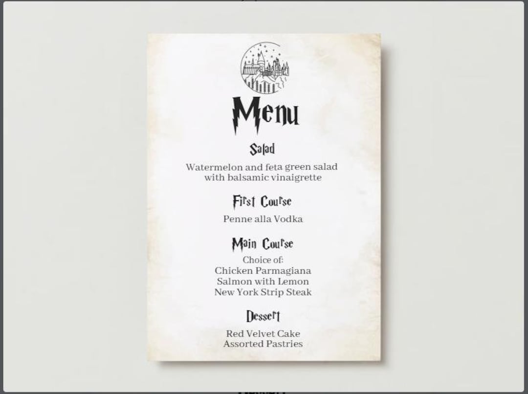 Menu Template for Potter Wizard Hogwarts Wedding/bridal Shower ...