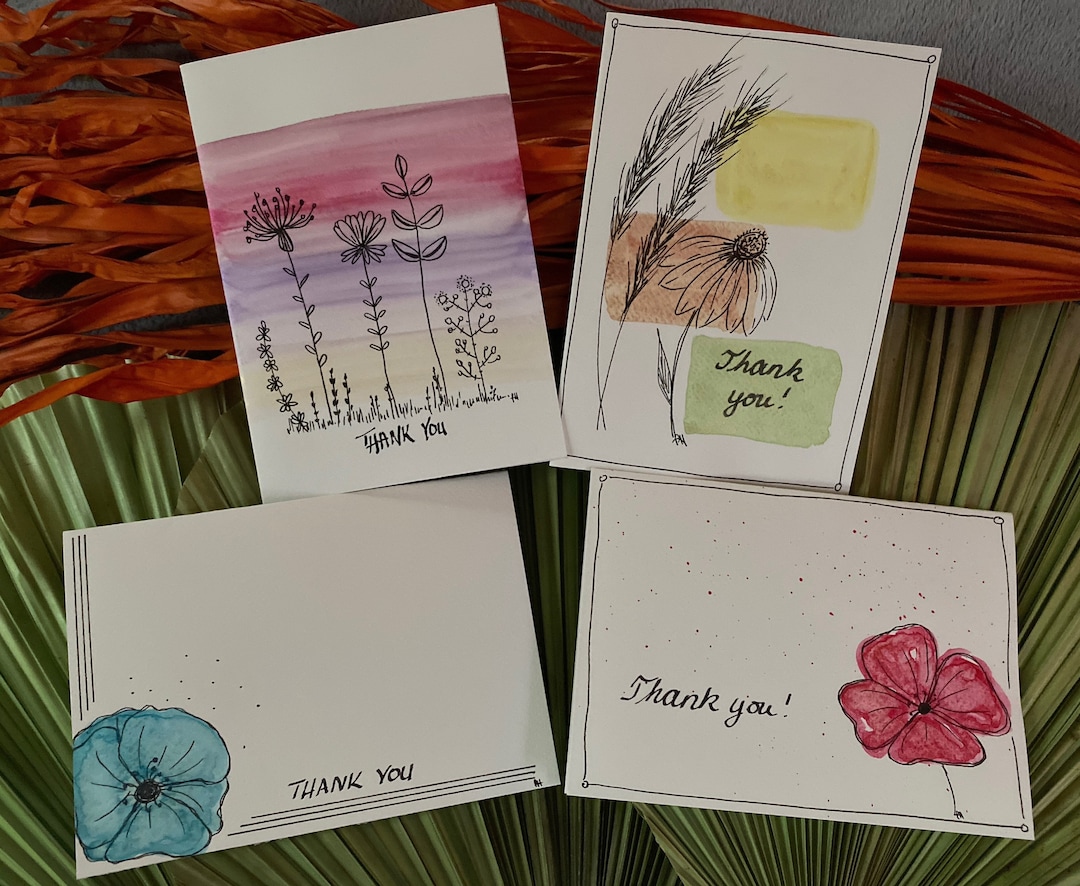 Hand-painted Thank You Cards original Watercolor Greeting Card Set of 4 ...
