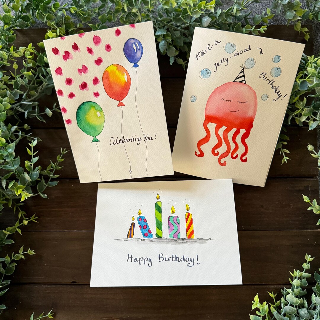 Fun Colorful Birthday Cards Set Individually Hand-painted Watercolor ...