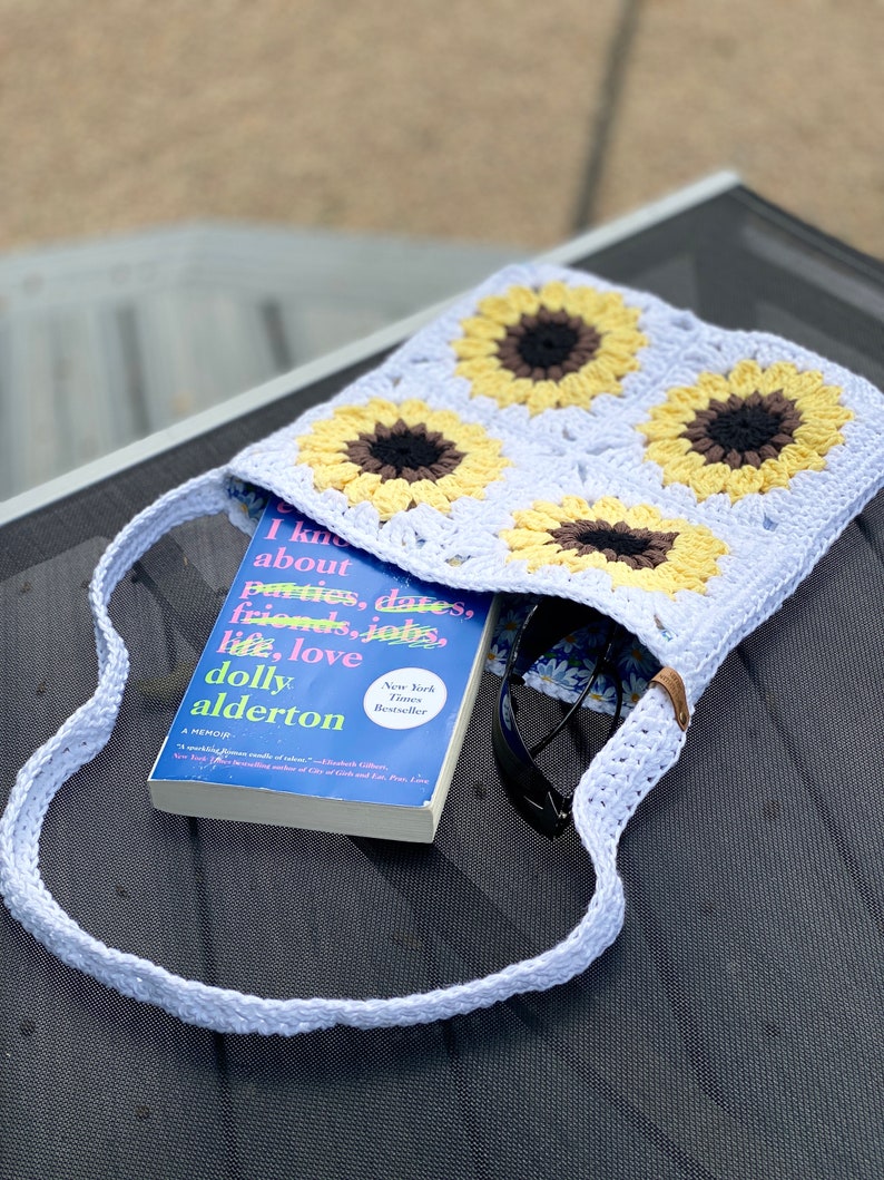 Sunflower Granny-square Crochet Shoulder Bag Lined Tote With Inside ...