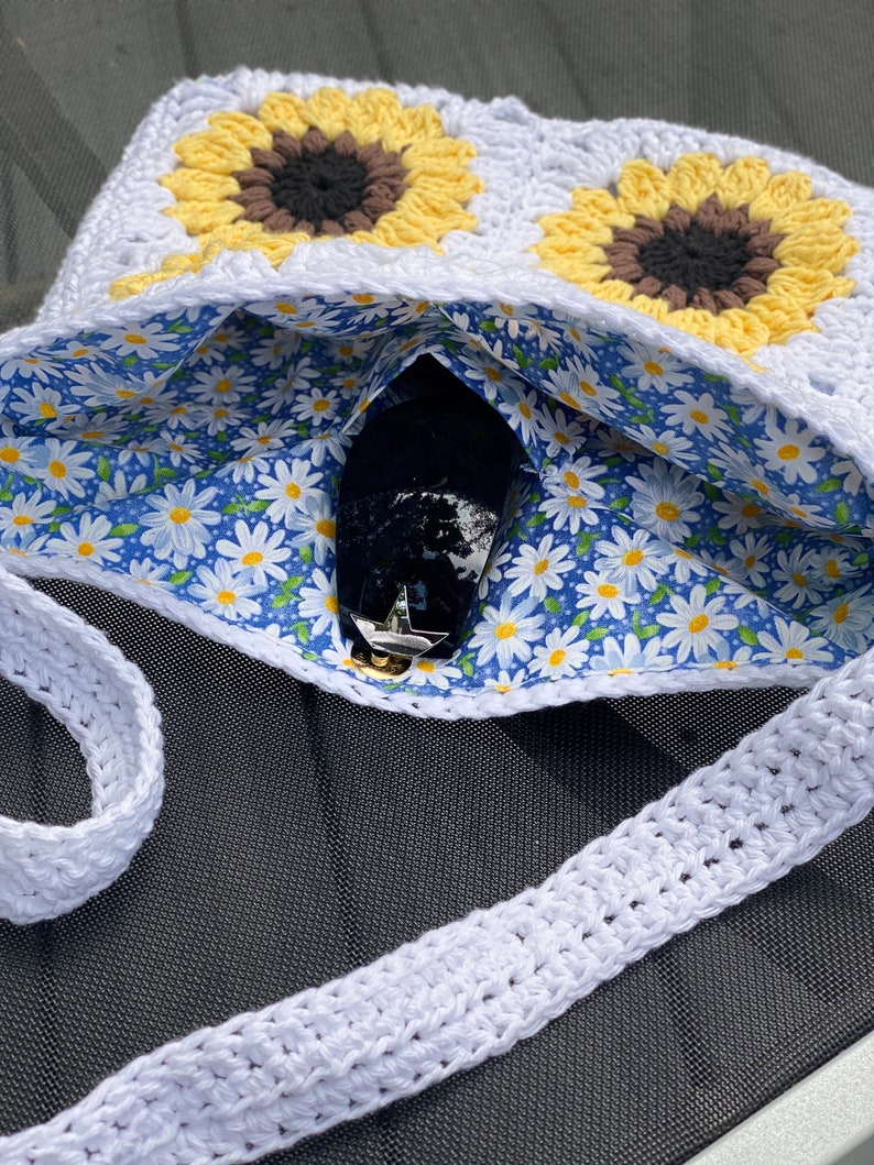 Sunflower Granny-square Crochet Shoulder Bag Lined Tote With Inside ...
