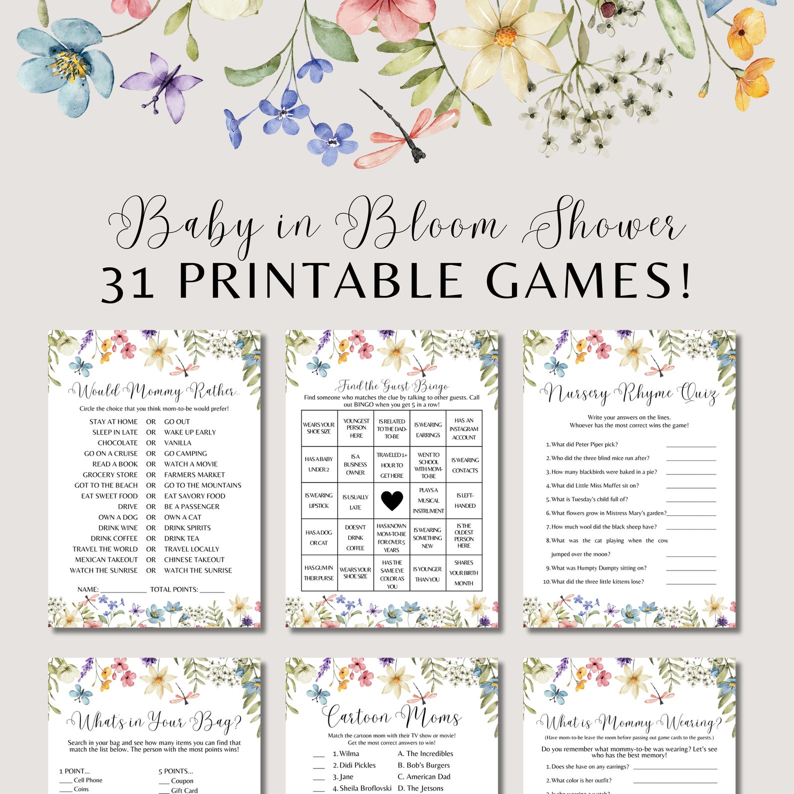 Baby in Bloom Baby Shower Game Bundle, Spring Flowers Baby Shower Game ...