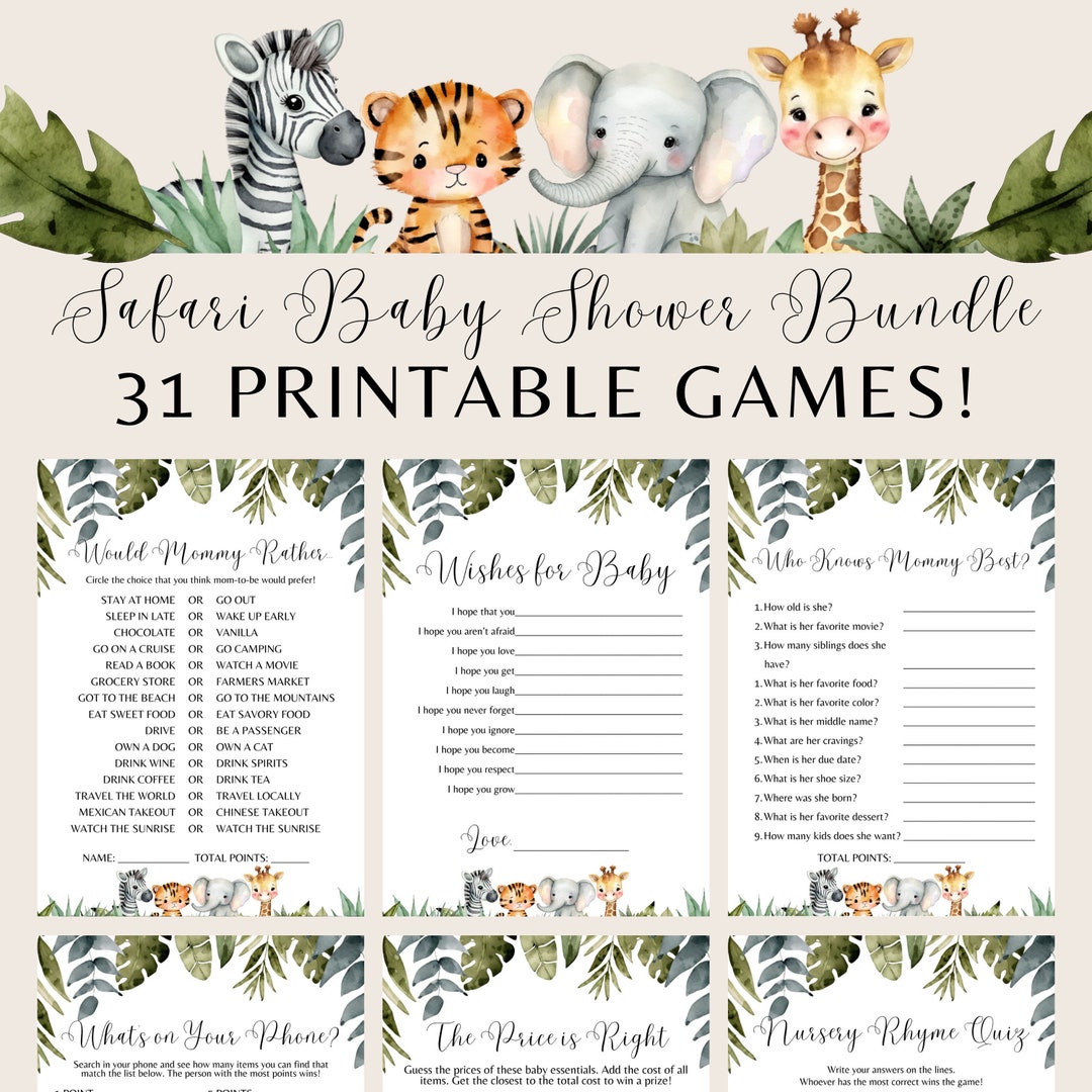 Safari Baby Shower Games Bundle Printable Jungle Baby Shower Games ...