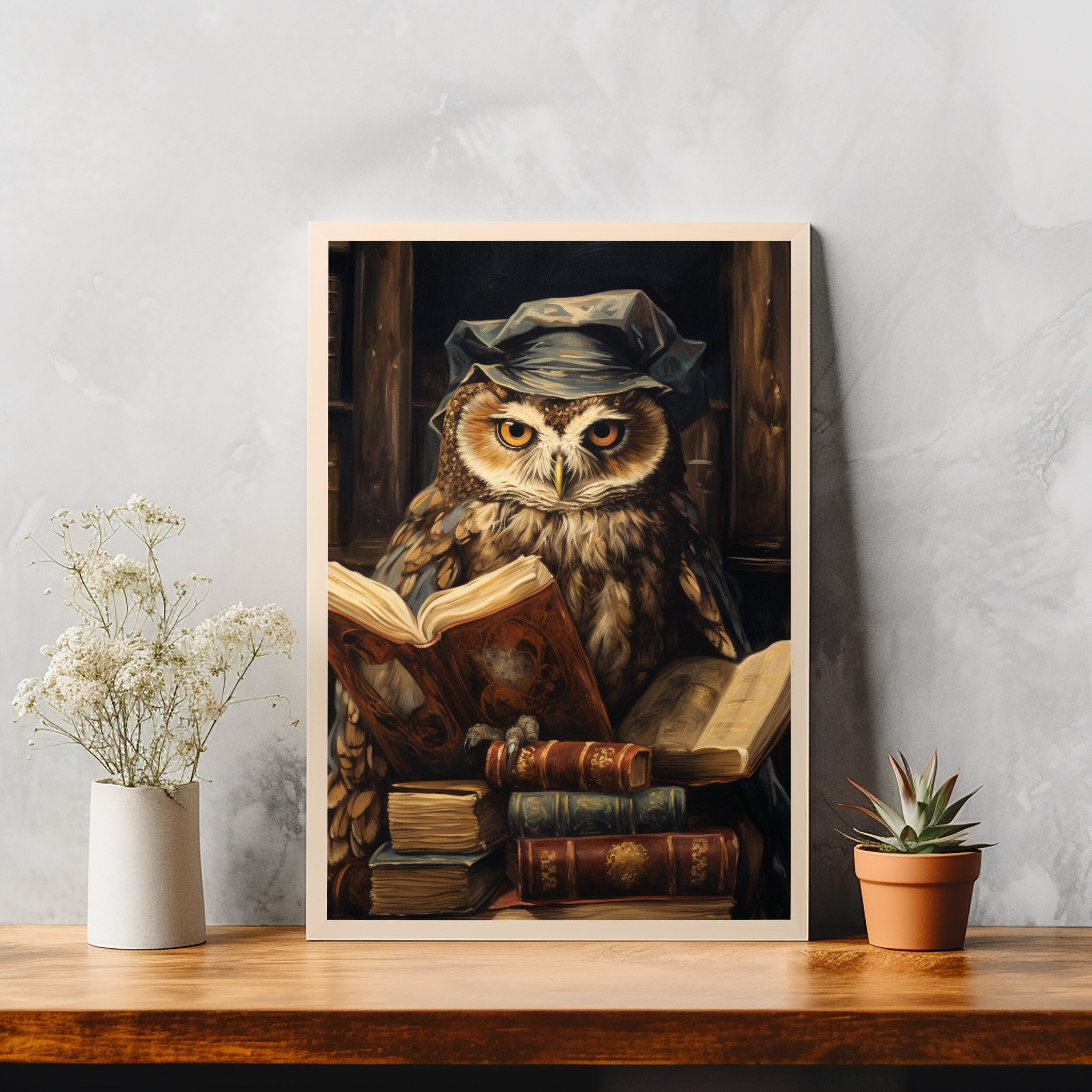 Scholarly Owl With Vintage Books Art, Dark Academia Vintage Poster ...