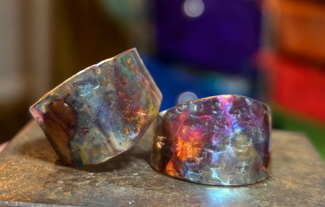 Flame Painted Copper Ring, Hammered Adjustable Cigar Band - Etsy