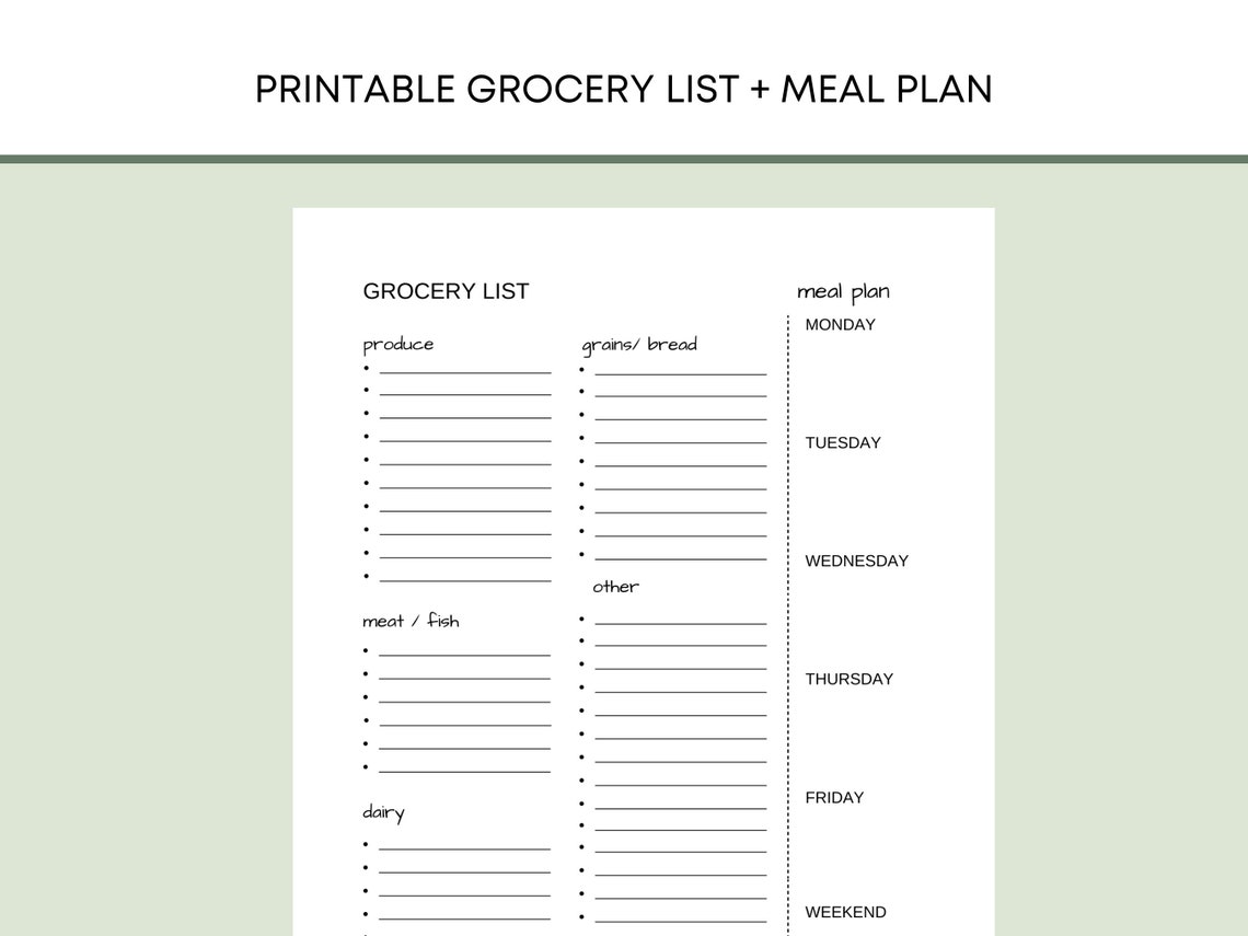 Grocery List and Meal Plan Organizer for Weekly Grocery Shopping ...