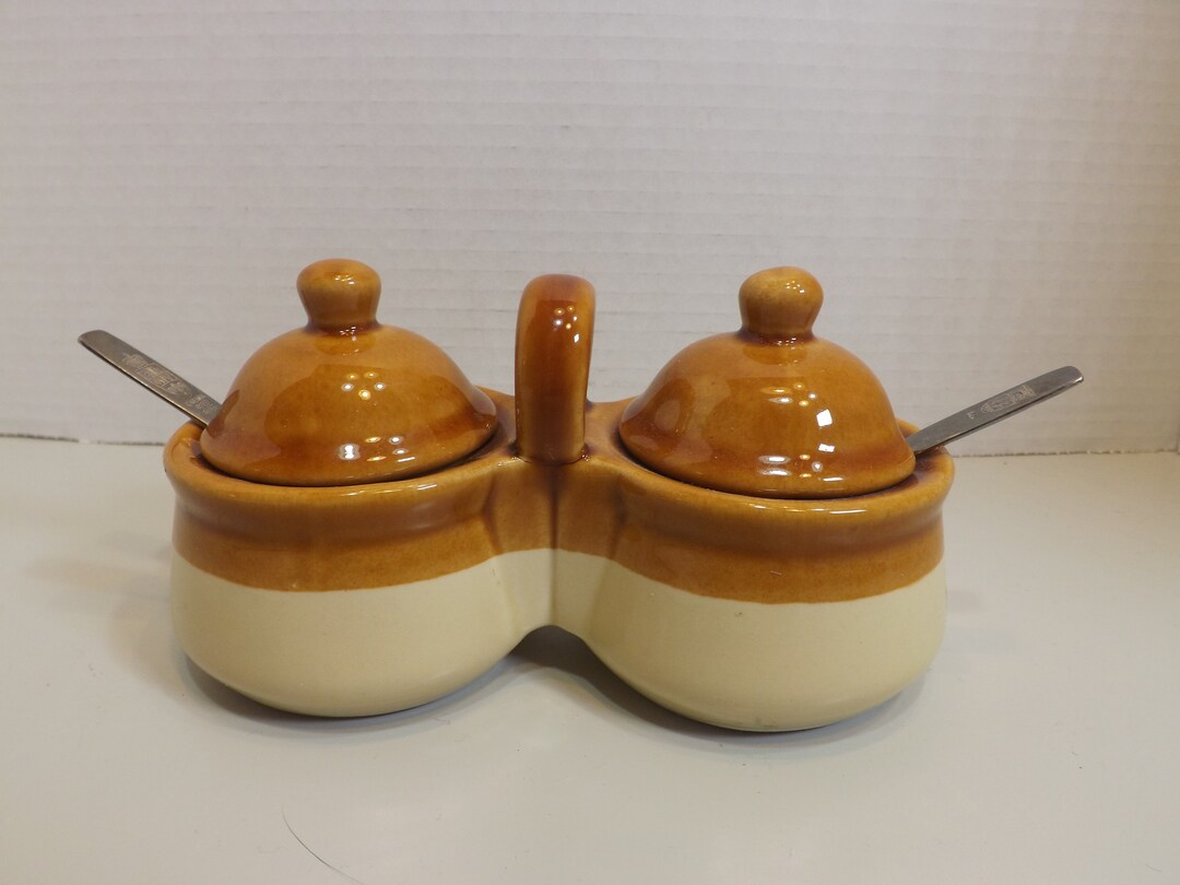 Vintage Jam Caddy With Spoons Brown and Ivory Double Caddy - Etsy