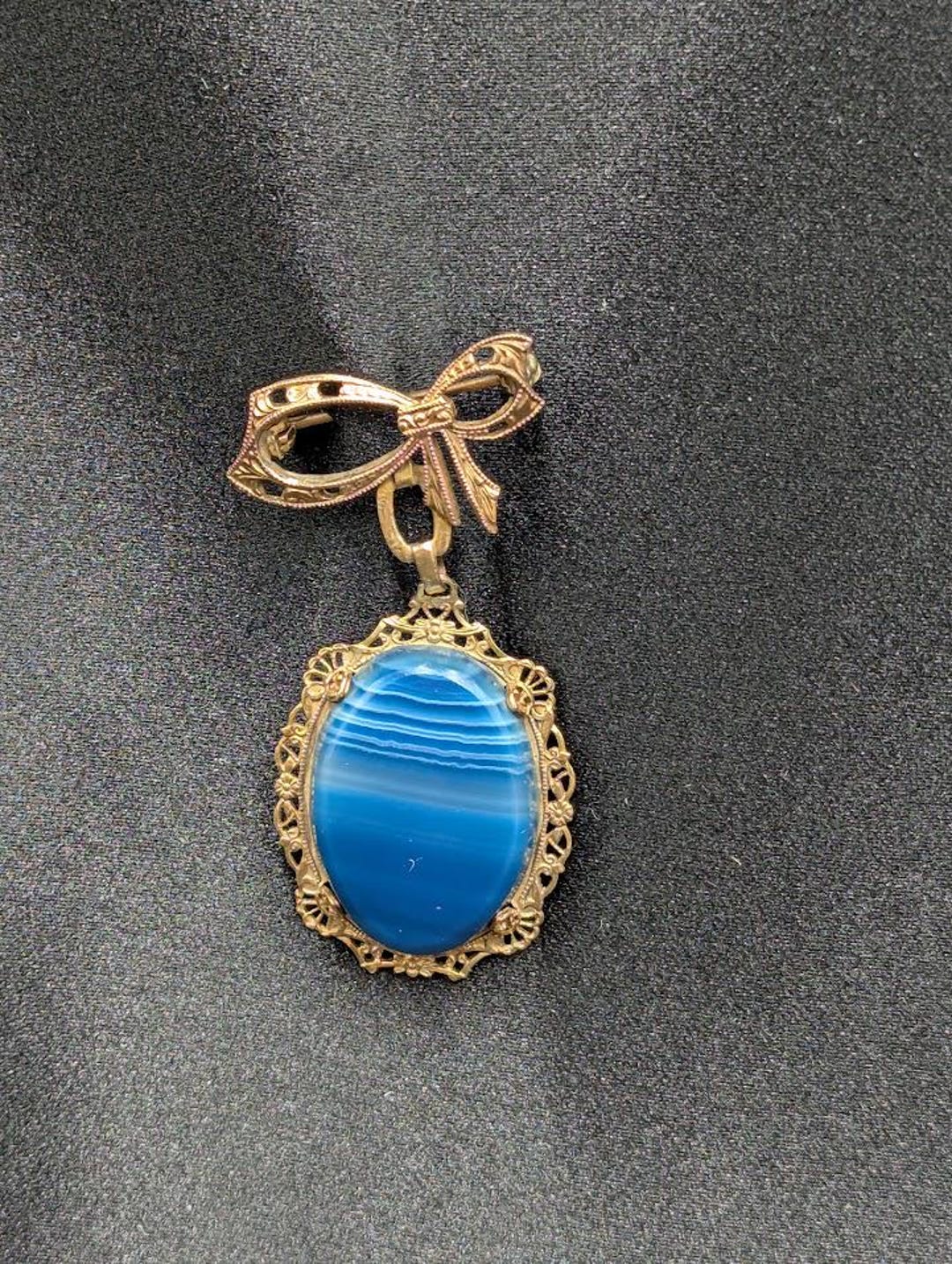 Vintage Bow Drop Brooch Blue Slag Glass 10 K Gold Filled - Etsy
