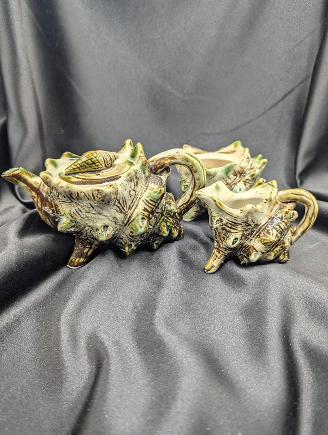 Seashell Teapot, Cream and Sugar. Ceramic Grey and Green. Japan - Etsy