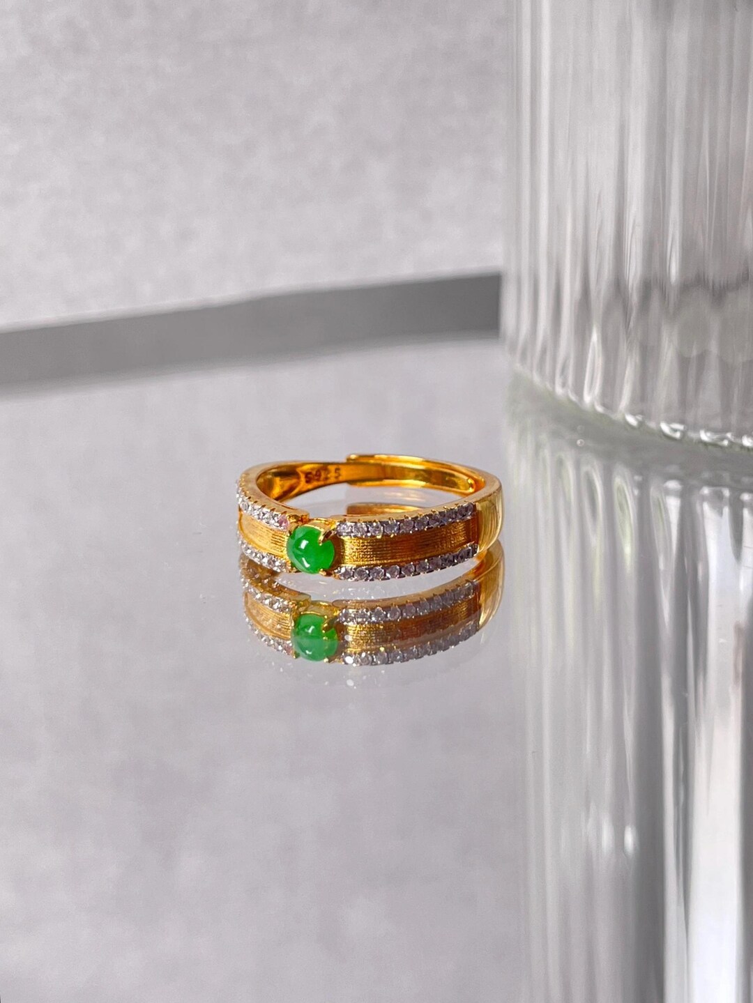 Green Burmese Jadeite Ring 14K Gold Plating 925 Silver Adjustable Band ...