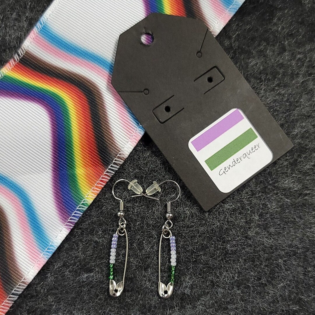 Genderqueer Gender Queer Pride Flag Beaded Safety Pin Earrings Jewelry ...