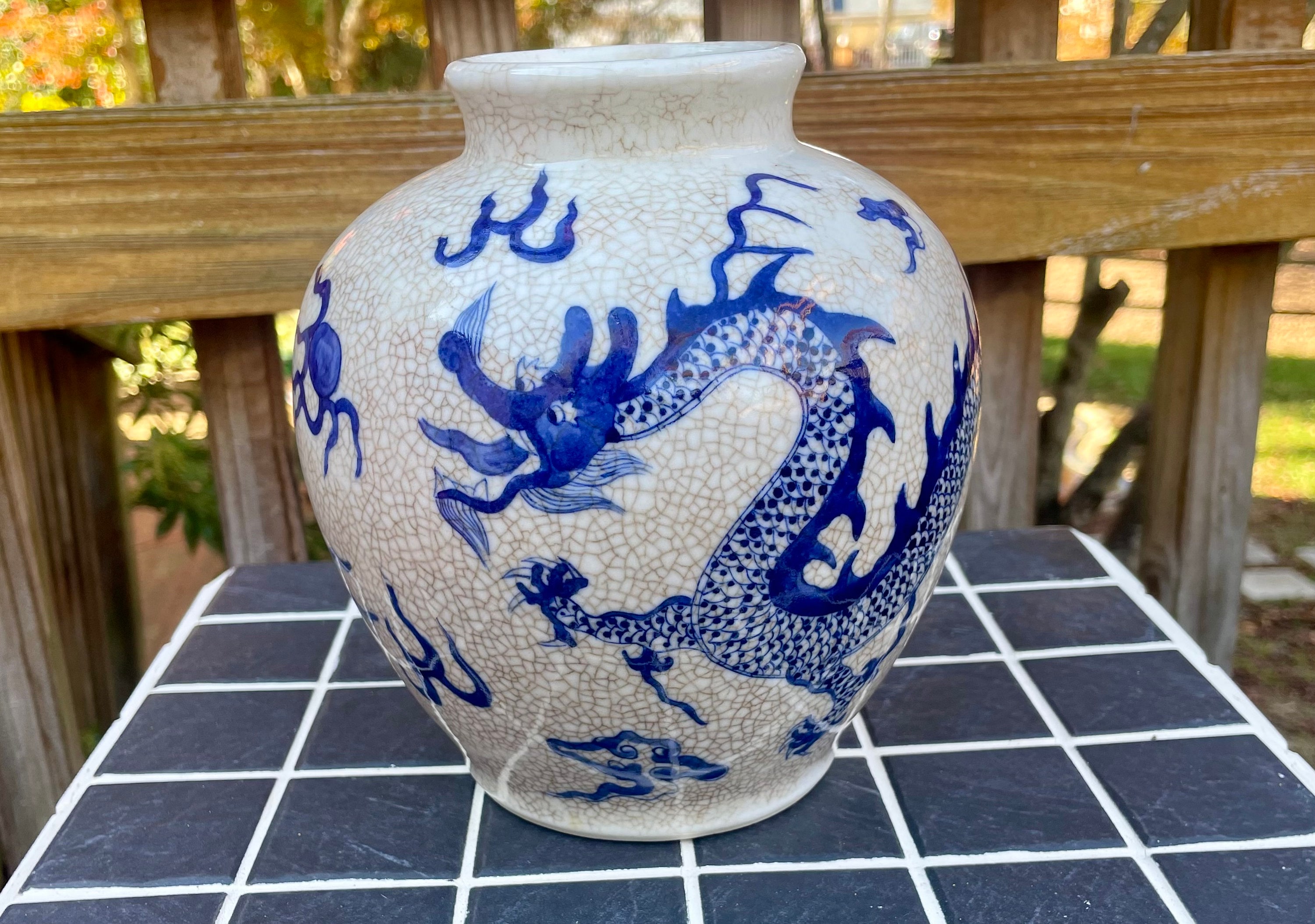 Rare Vintage Hand-painted Crackle Glaze Blue & White Porcelain Dragon Pattern Flower Vase - Etsy