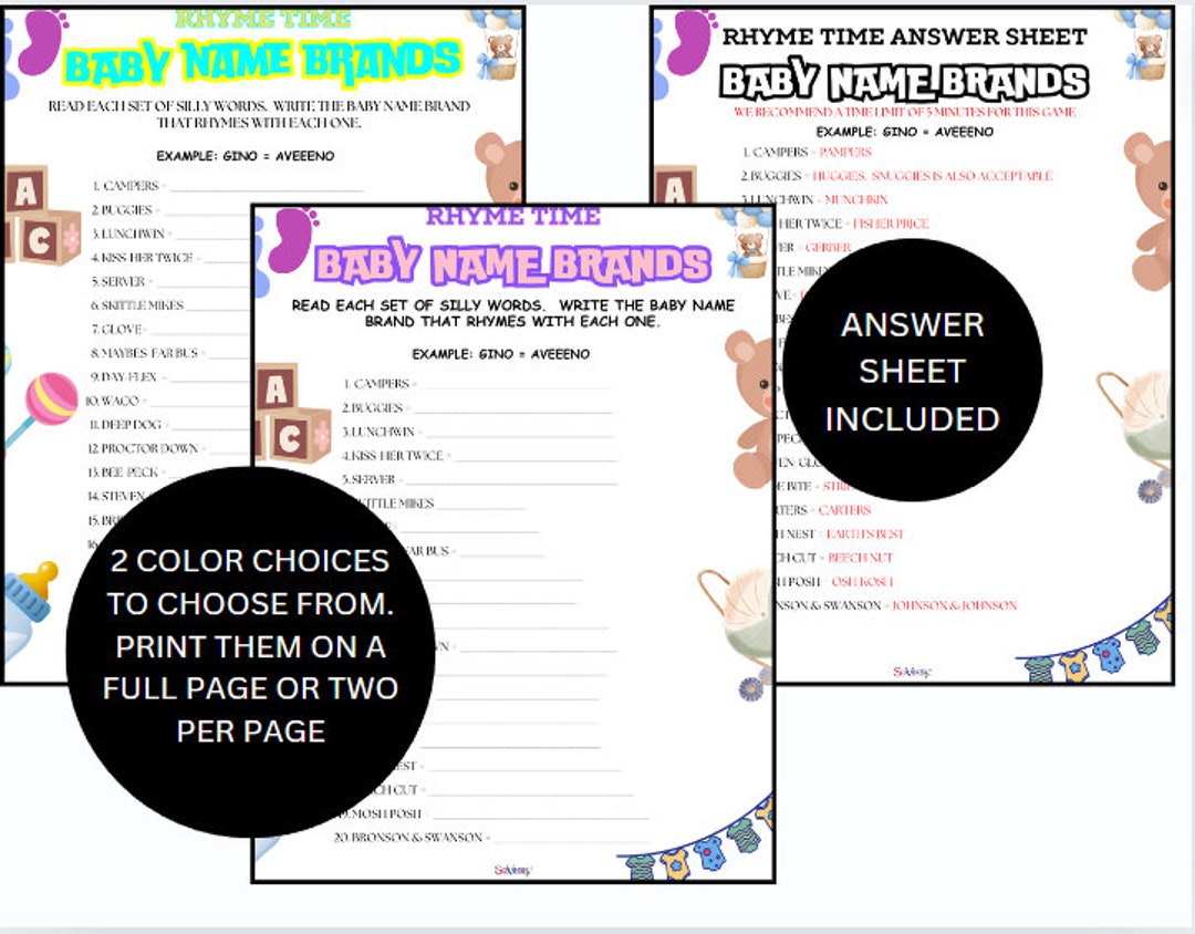 Rhyme Time Baby Name Brands Baby Shower Game - Etsy