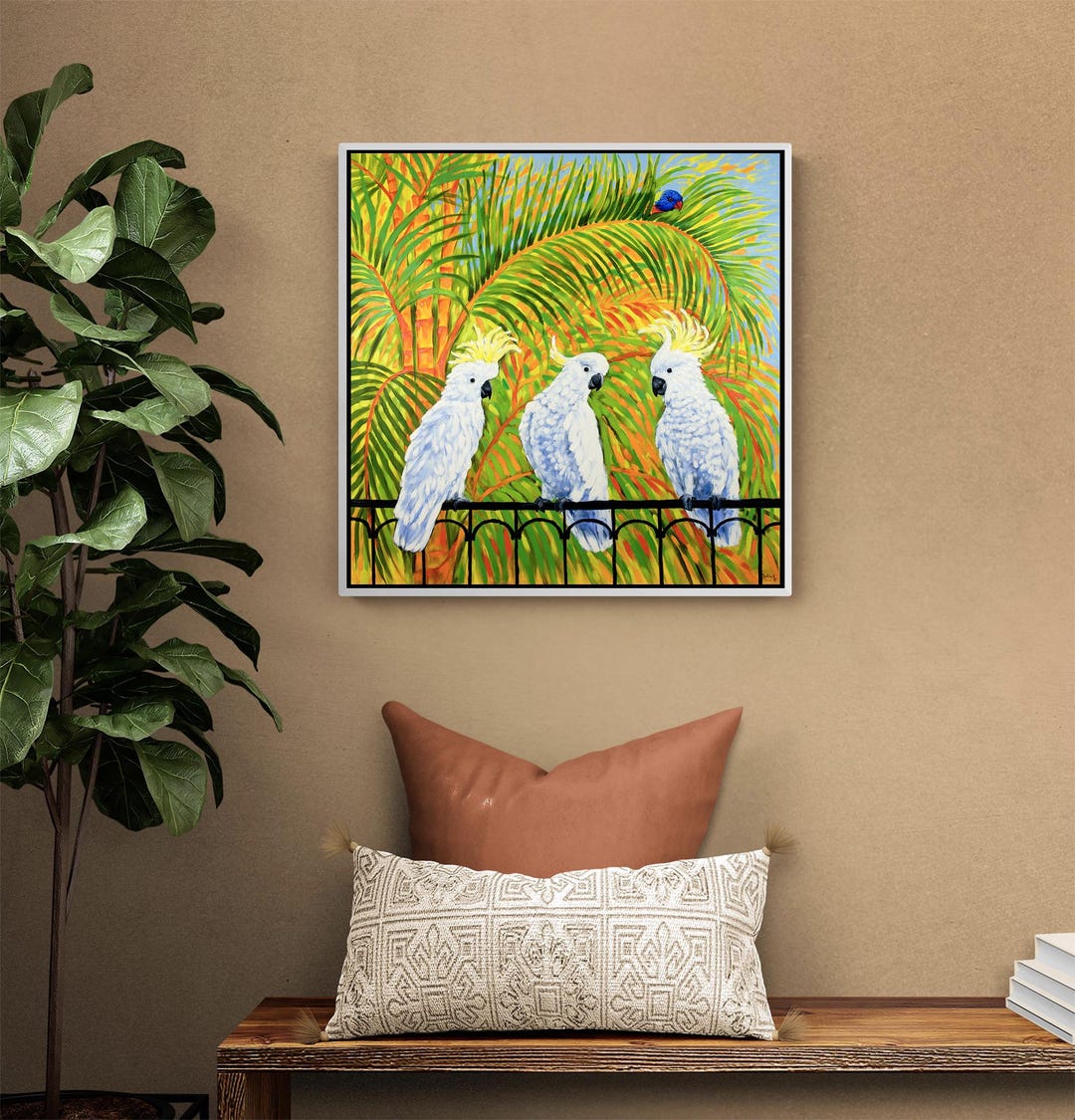 Australian Cockatoos and Rainbow Lorikeet, Framed Canvas Print ...