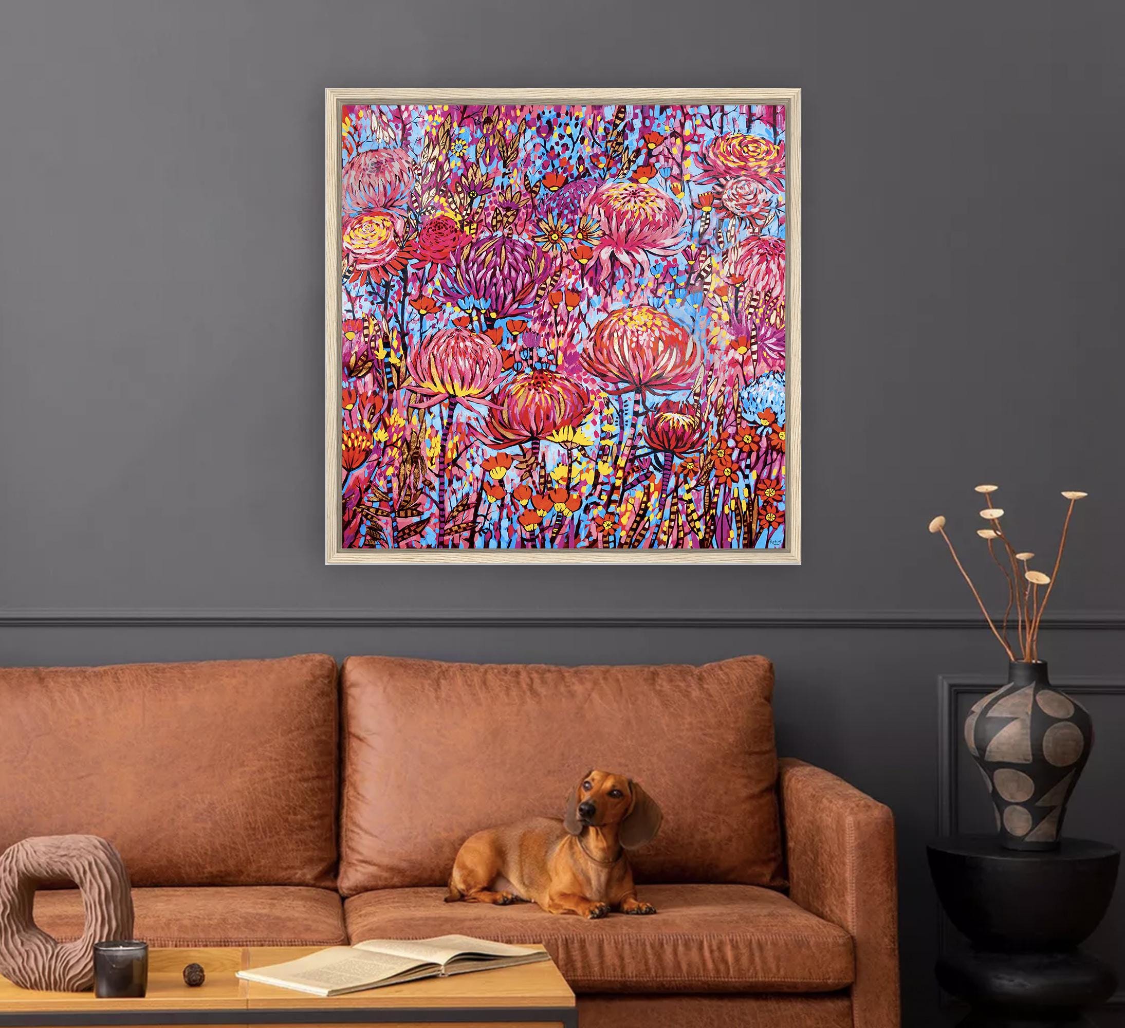 Floral Symphony Natural Wood Framed Canvas Print Featuring Original ...