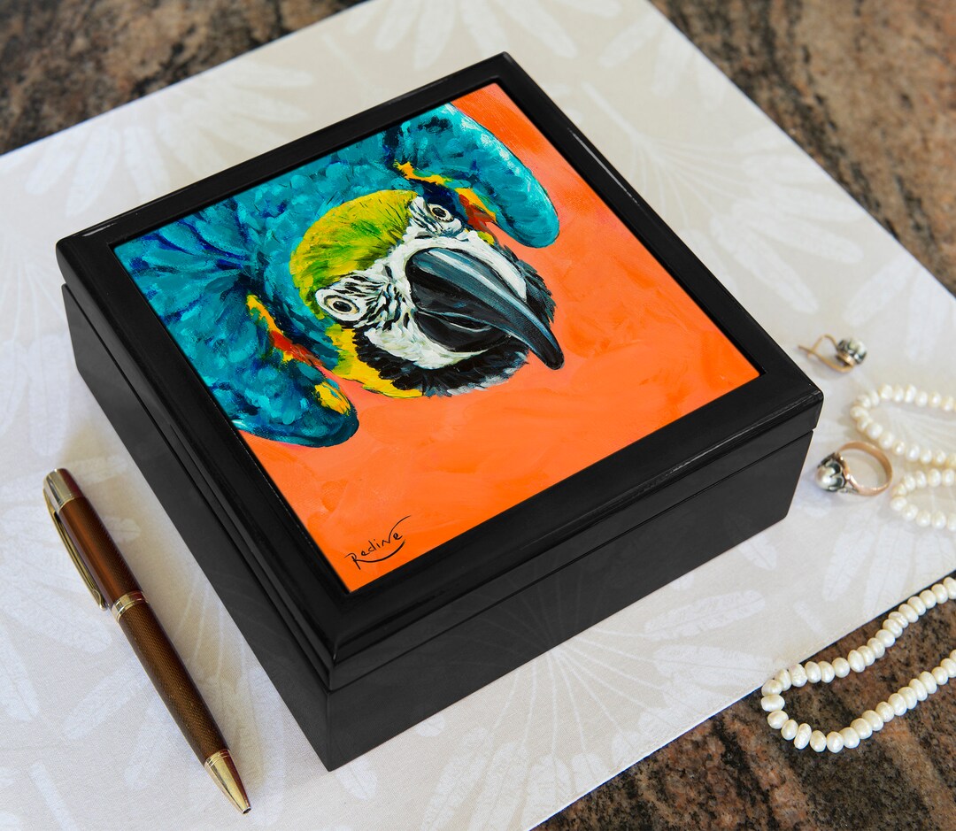 Jewellery Box Keepsake Box Featuring Macaw Parrot Portrait on Orange ...