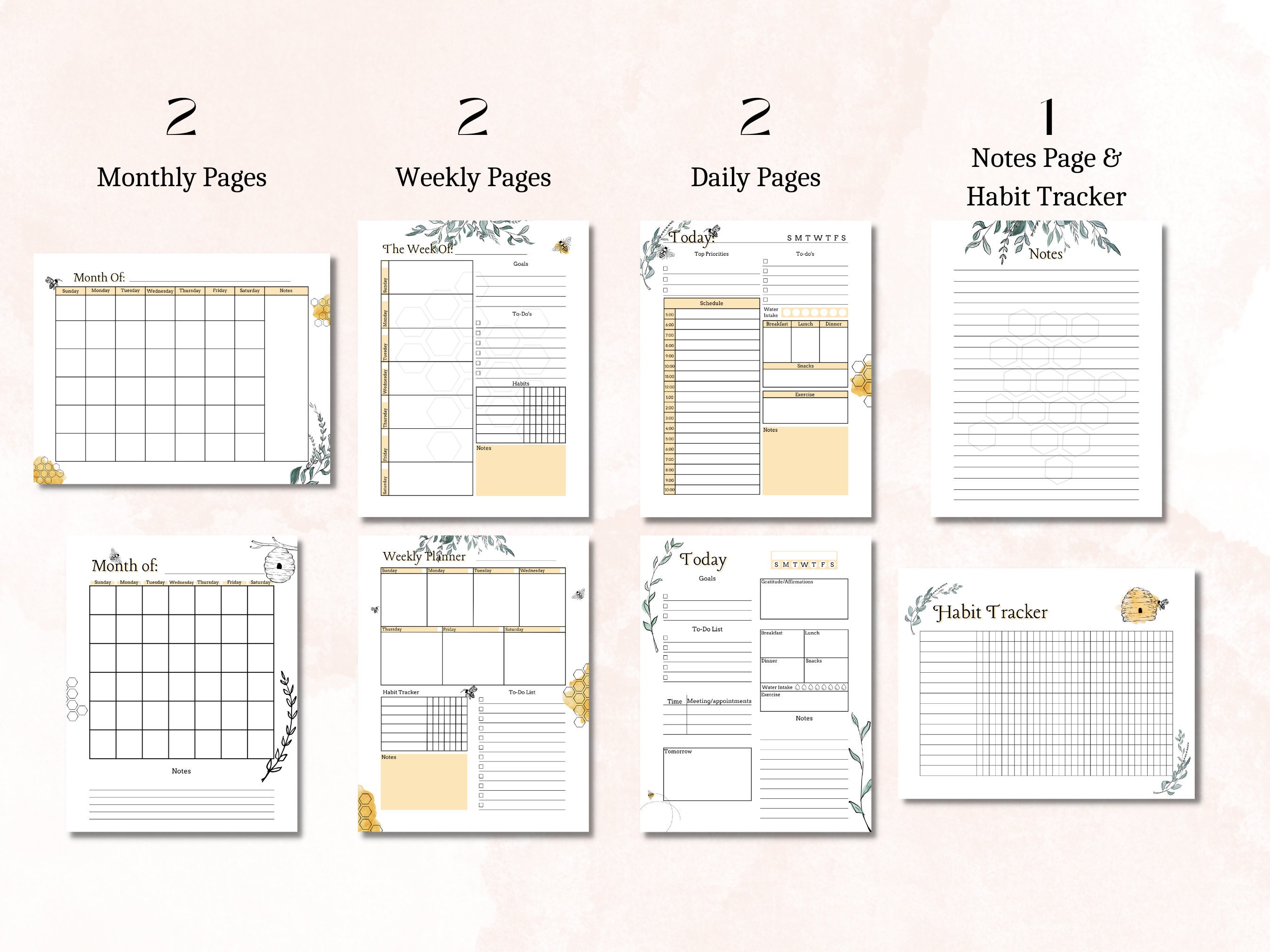 Yellow Bee Undated Planner Printable, 2023 Calendar, Monthly Planner ...