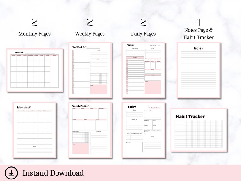 Pink Undated Planner Printable, 2023 Calendar, Monthly Planner, Weekly ...