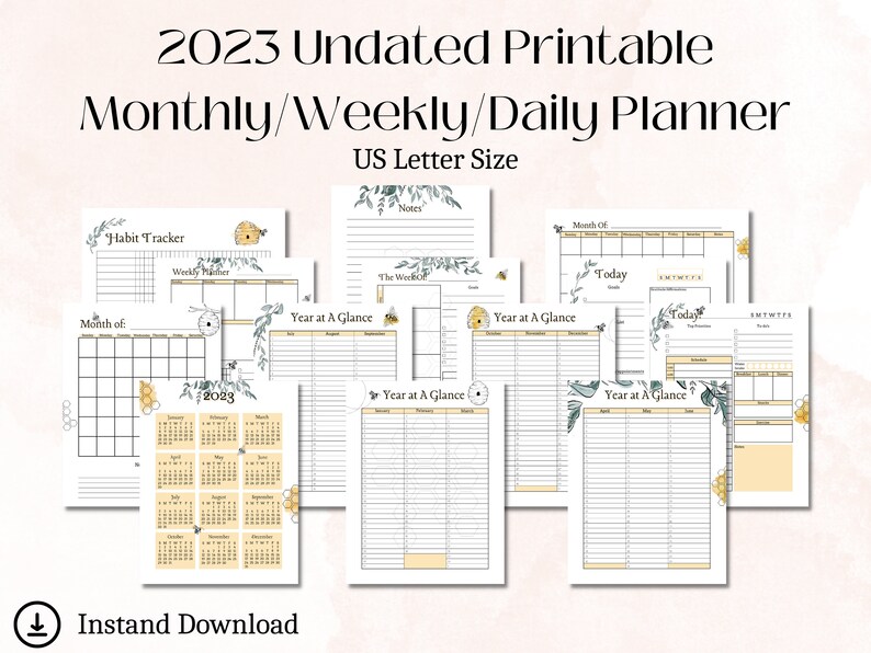 Yellow Bee Undated Planner Printable, 2023 Calendar, Monthly Planner ...