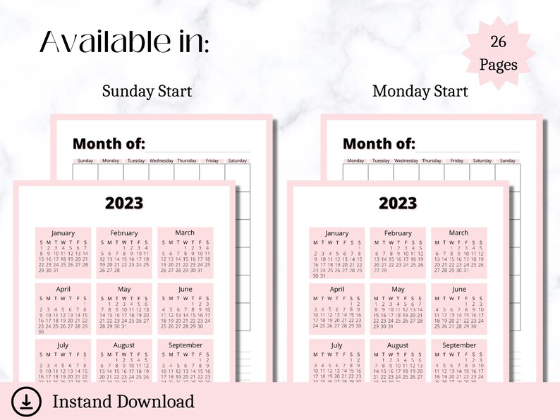 Pink Undated Planner Printable, 2023 Calendar, Monthly Planner, Weekly ...