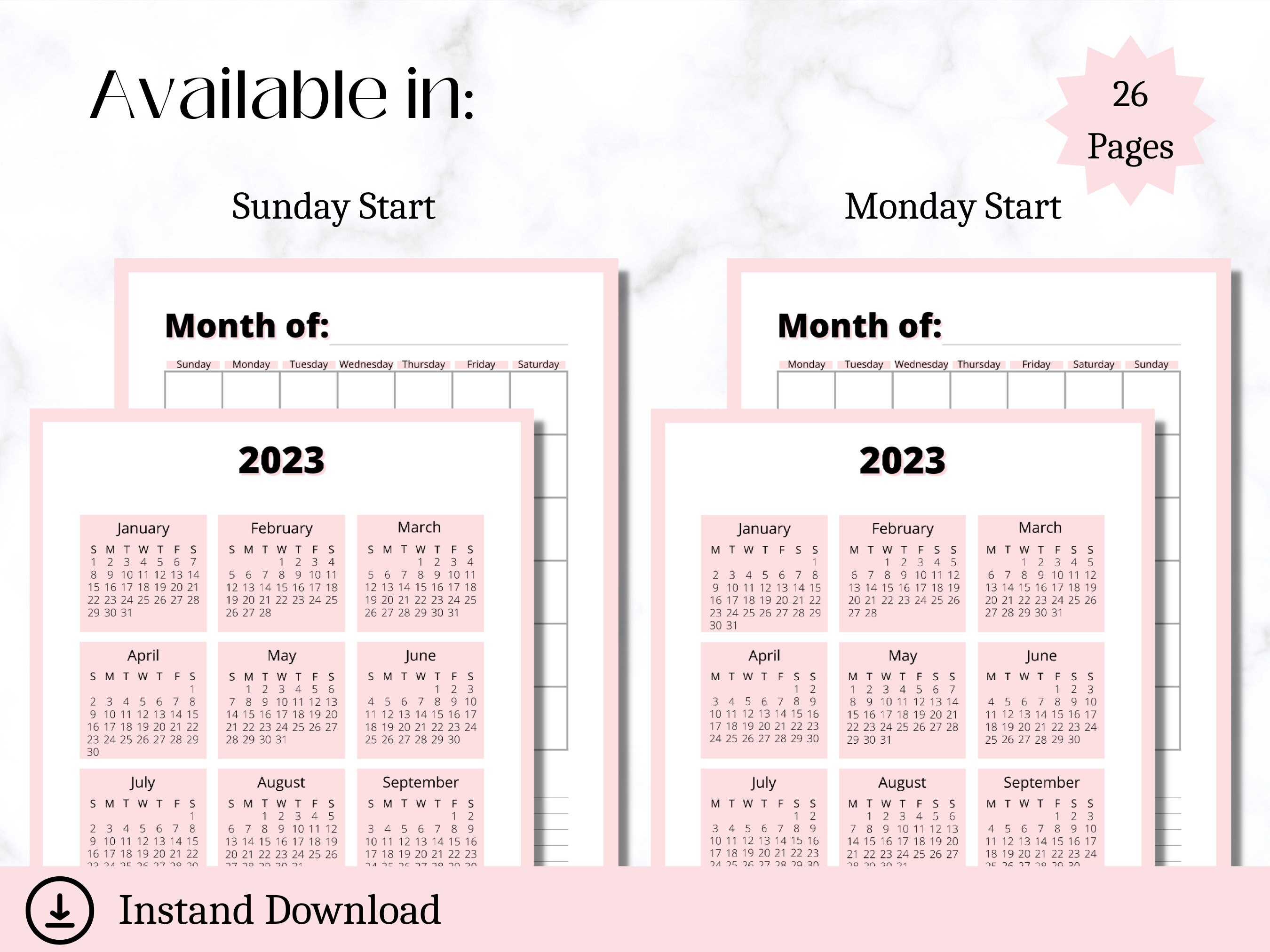 Pink Undated Planner Printable, 2023 Calendar, Monthly Planner, Weekly ...