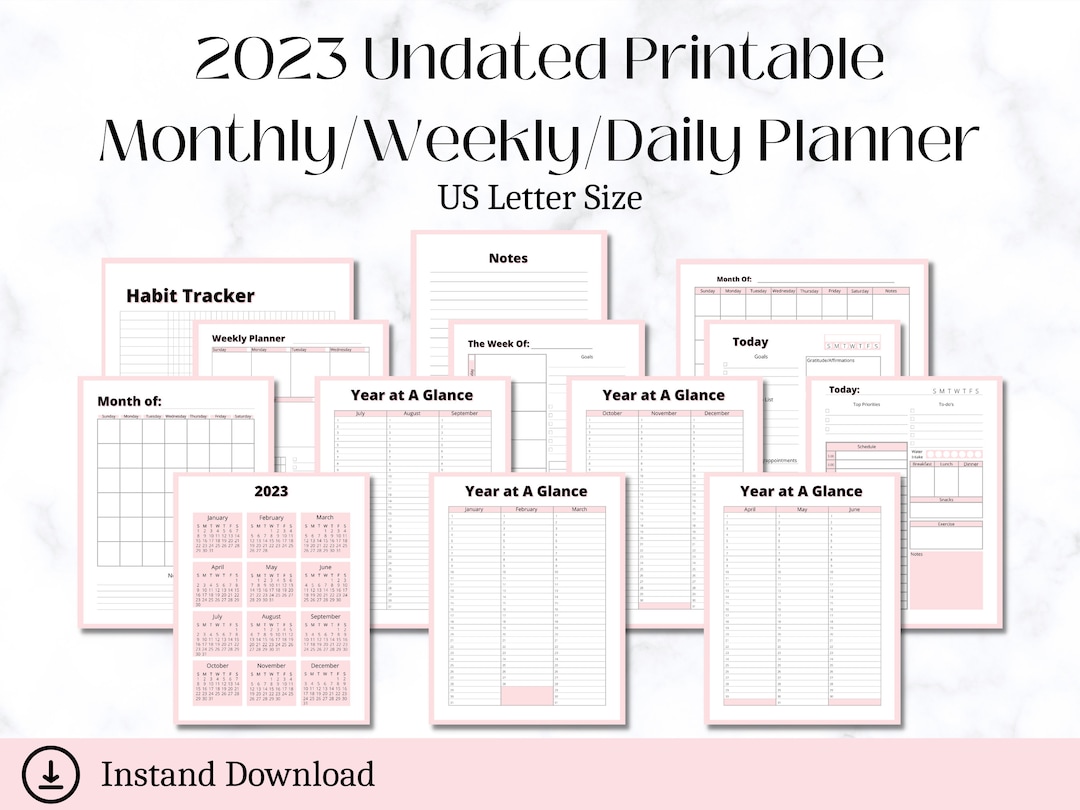 Pink Undated Planner Printable, 2023 Calendar, Monthly Planner, Weekly ...