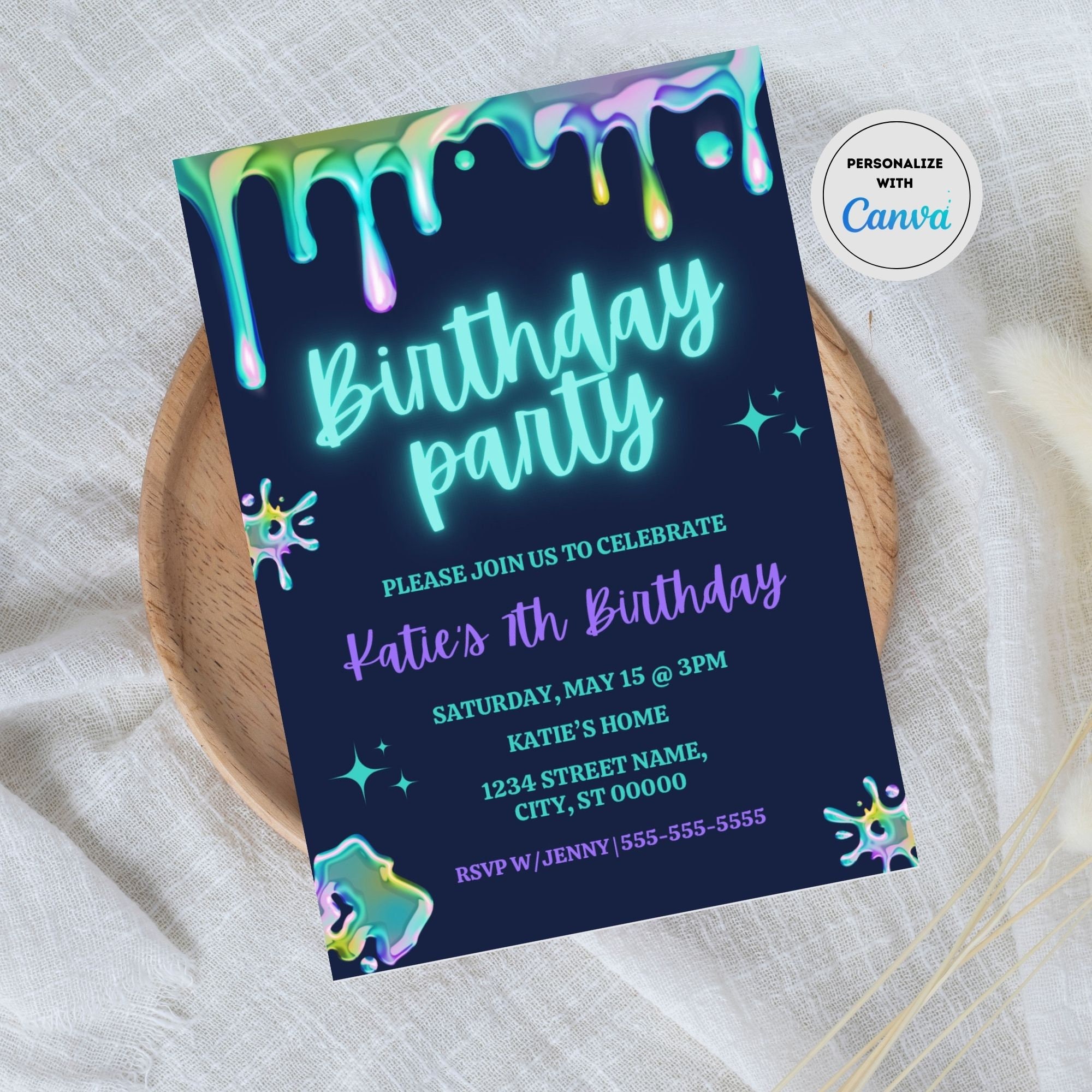 Editable Slime Birthday Party Invitation Neon Holographic - Etsy UK