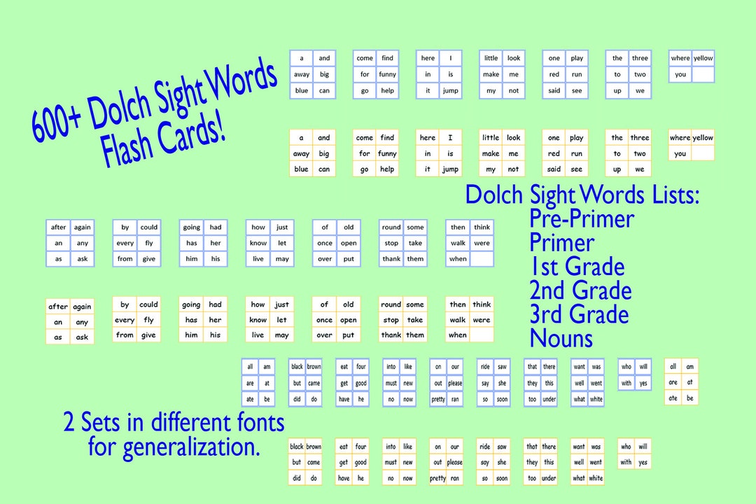 600+ Sight Words Flash Cards - Dolch Sight Words Lists - Etsy