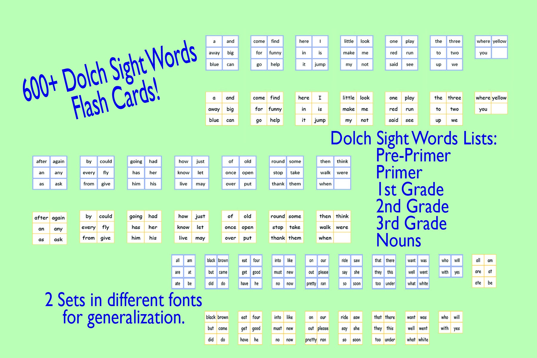 600+ Sight Words Flash Cards - Dolch Sight Words Lists - Etsy