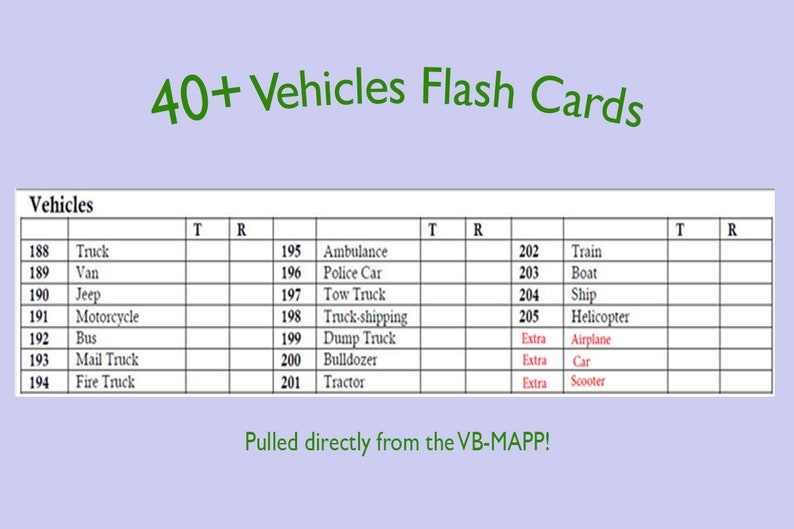 40+ Vehicles Flash Cards - VB-MAPP Appendix List - Etsy