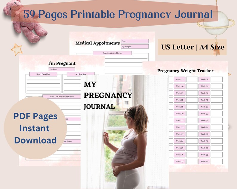 My Pregnancy Journal - Printable 59 Pages | Instant PDF Download + Free ...