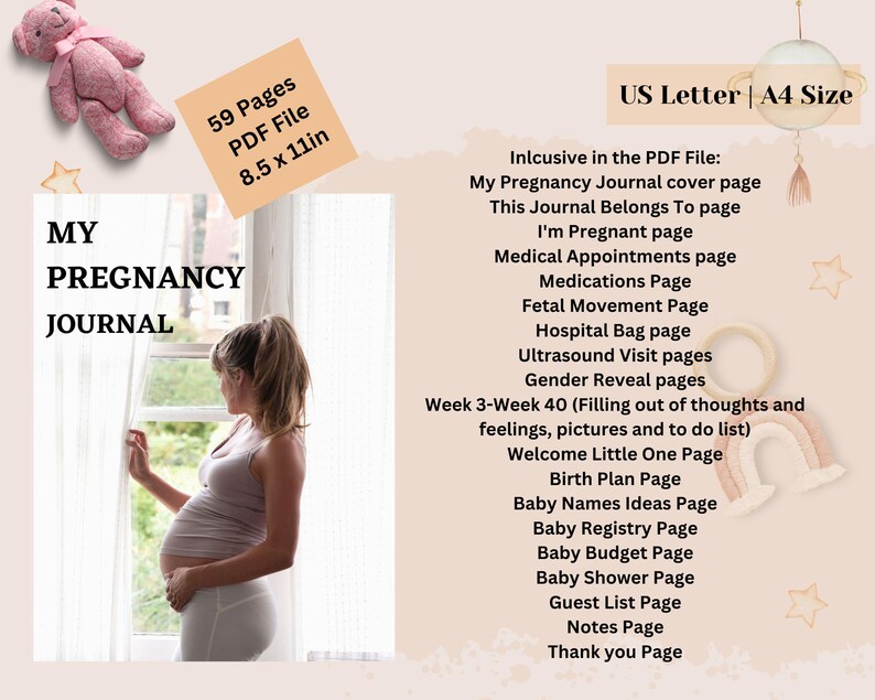 My Pregnancy Journal - Printable 59 Pages | Instant PDF Download + Free ...