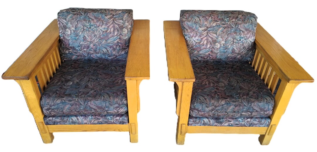 Vintage Flexsteel Mission Style Cube Armchairs – Pair of Oak Wood and ...