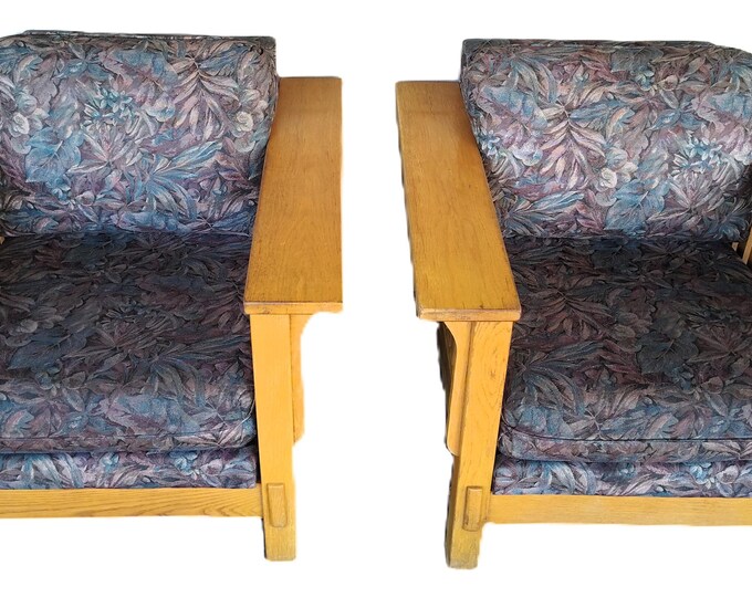 Vintage Flexsteel Mission Style Cube Armchairs – Pair of Oak Wood and ...
