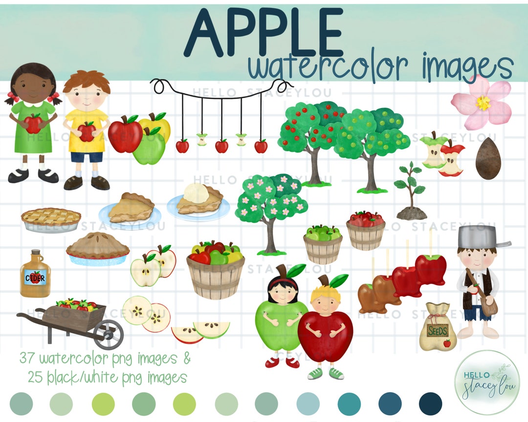 Apple Themed Watercolor Clipart September - Etsy