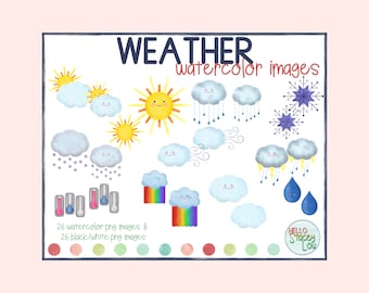 Watercolor Weather Clipart, Cloud Clipart, Rainbow Clipart, Weather ...