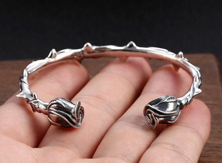 Rose Bangle Solid 925 Sterling Silver Thorn Rose Bracelet - Etsy