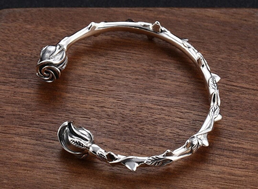 Rose Bangle Solid 925 Sterling Silver Thorn Rose Bracelet - Etsy
