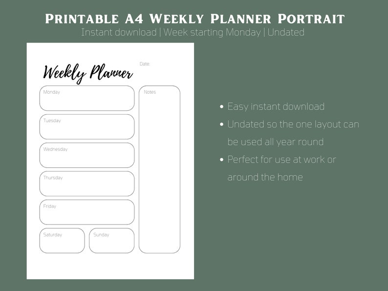 Weekly Planner | A4 | Portrait | Week at a Glance - Etsy