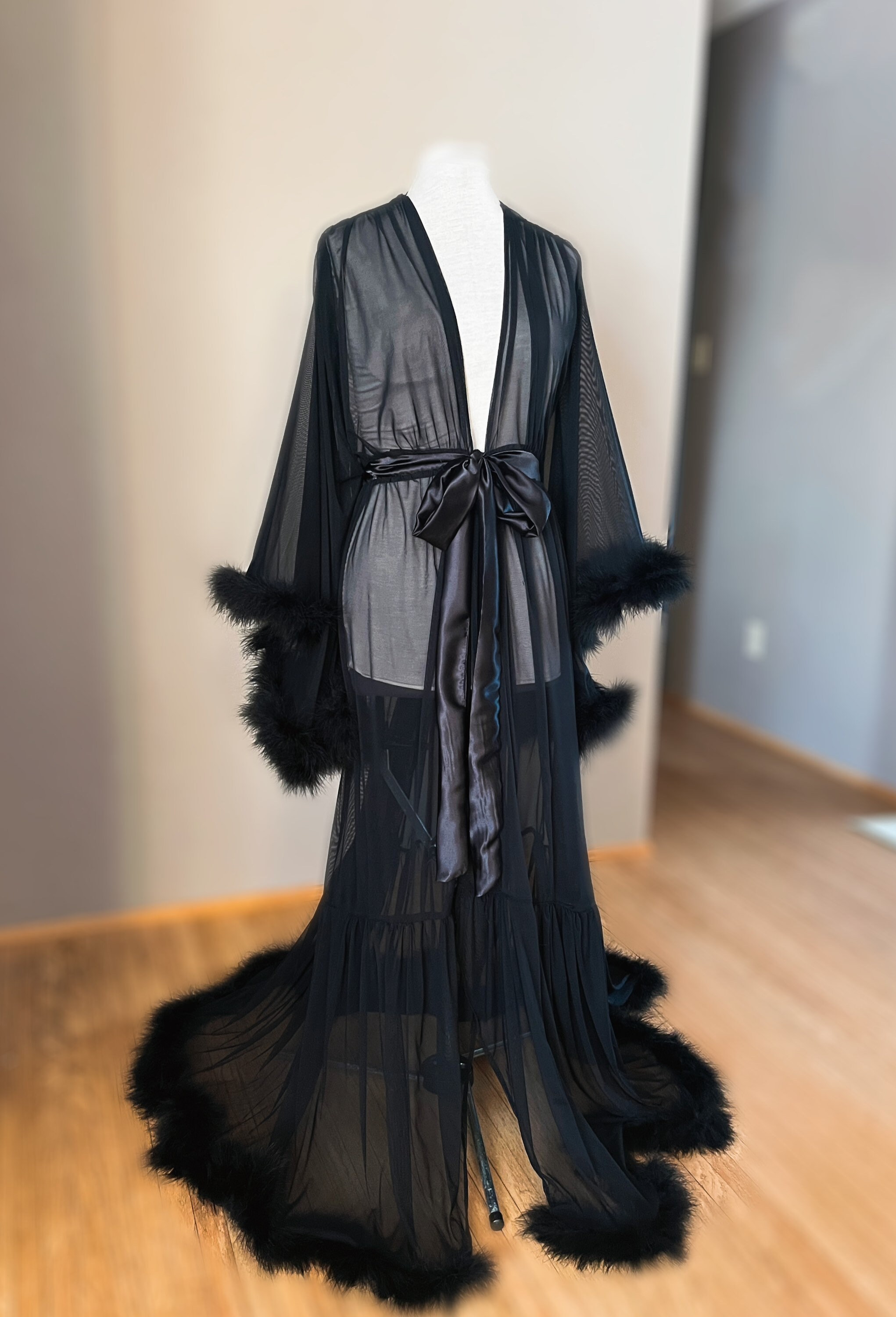 Long Black Marabou Feather Trim Robe - Etsy UK