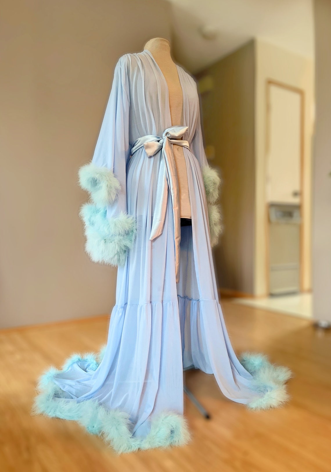 Baby Blue Robe With Marabou Feather Trim - Long - Etsy