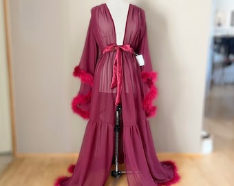 Dusty Pink Robe With Marabou Feather Trim Long - Etsy